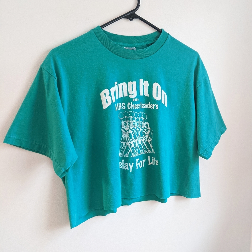 2000s Teal Cheerleaders Oversized Cropped Tee - Gem